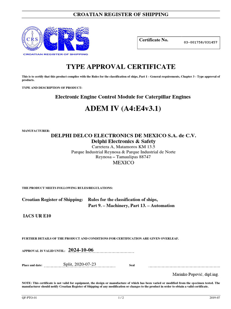 ADEM IV (A4:E4v3.1) : Type Approval Certificate | PDF