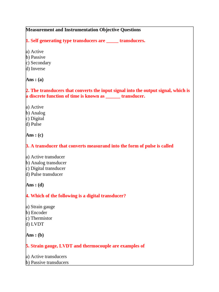 Measurement and Instrumentation Objective Questions | PDF
