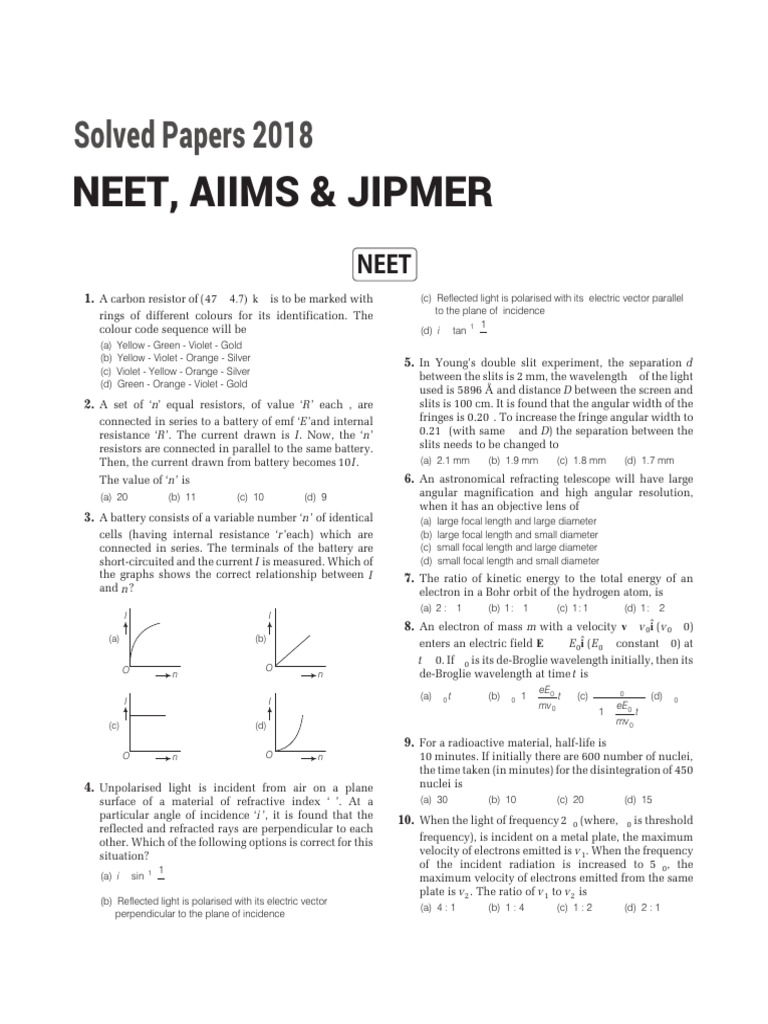 NEET AIIMS and JIPMER Solved Papers 2018 | PDF