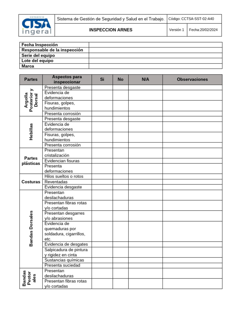 CCTSA SST 02 A40 Inspeccion Arnes | PDF