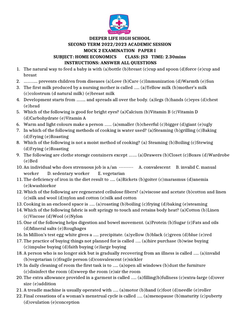 JS 3 Home Econs Mock 1 | PDF