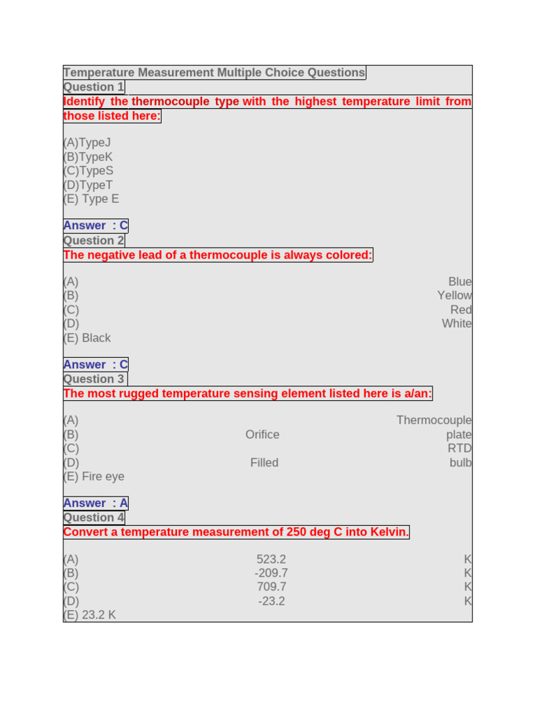 Temperature Measurement Multiple Choice Questions | PDF