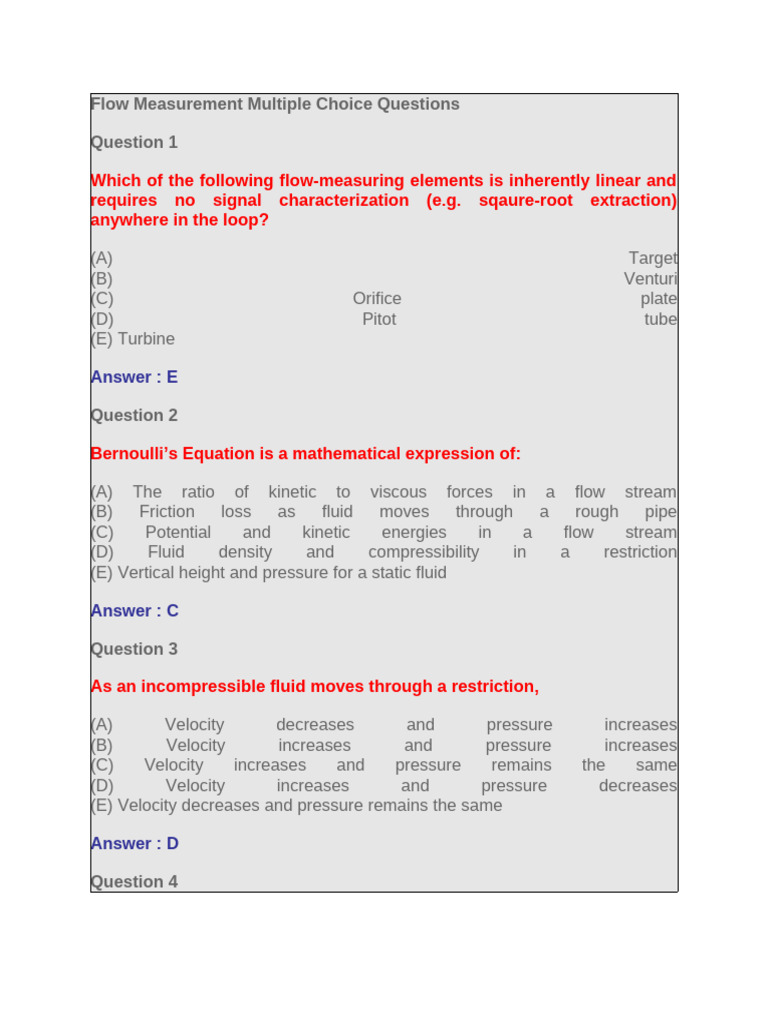 Flow Measurement Multiple Choice Questions | PDF