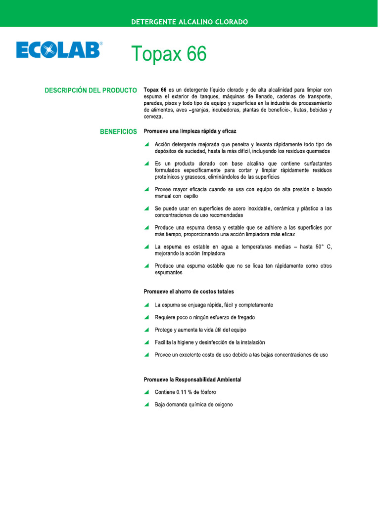 Ficha Tecnica Topax 66 - Deterg Alc Clorado MD020197 | PDF