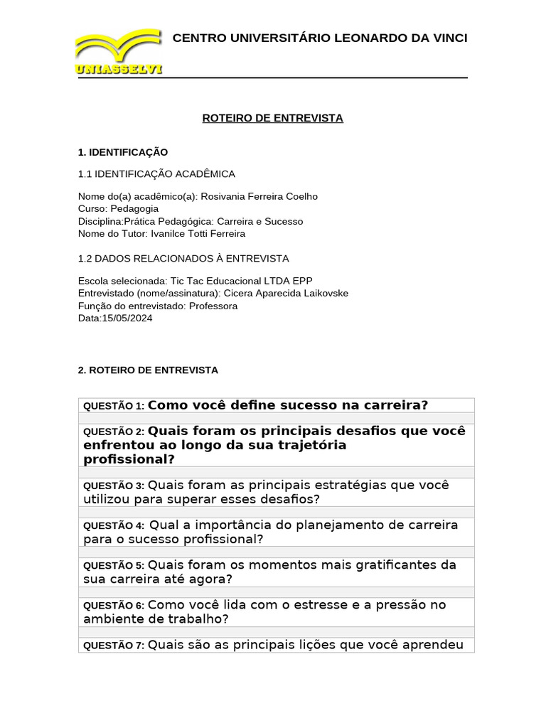 ROTEIRO DE ENTREVISTA Semi Instruturado | PDF