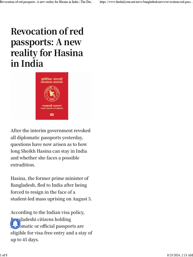 Revocation of Red Passports - A New Reality For Hasina in India - The ...