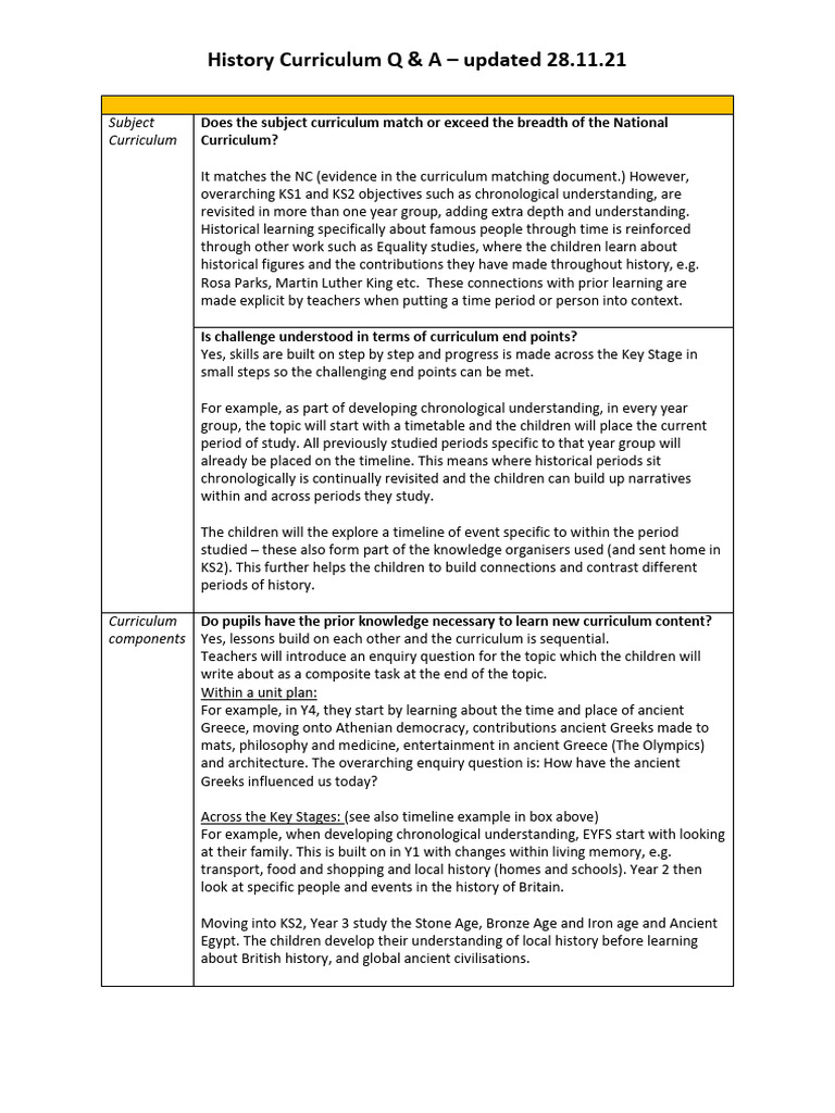 History Curriculum Q and A | PDF