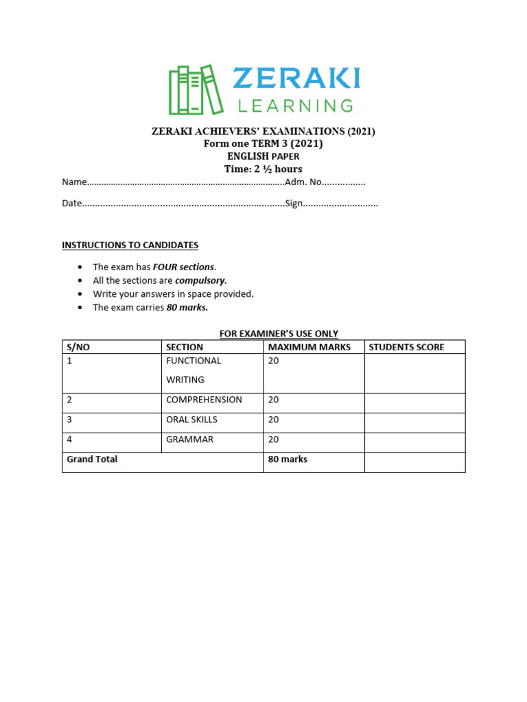 English - English Form 1- Question Paper | PDF