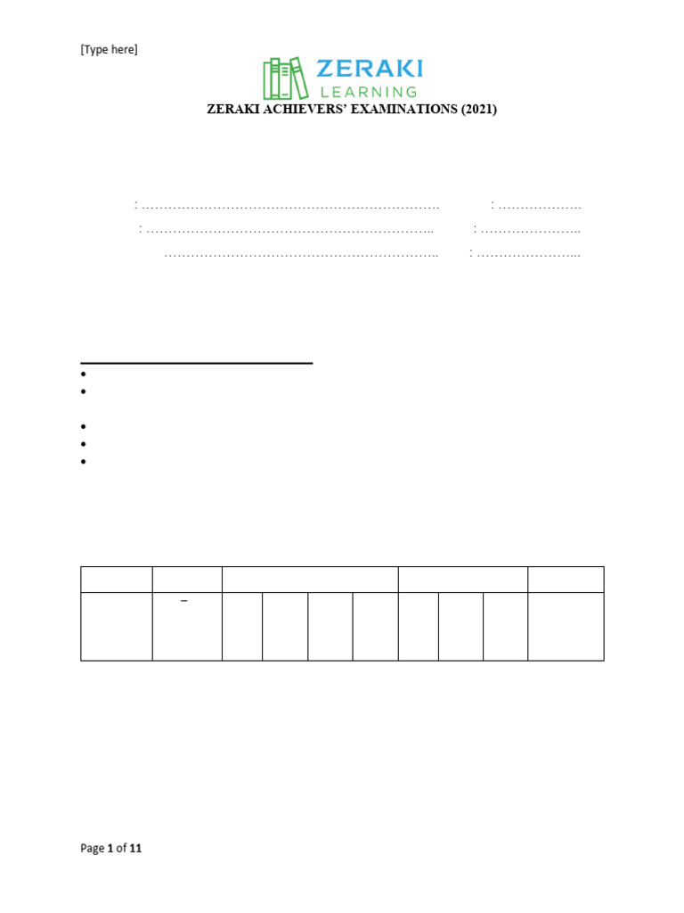 History - History Form 1 - Zeraki Achievers 3.0 - Question Paper | PDF