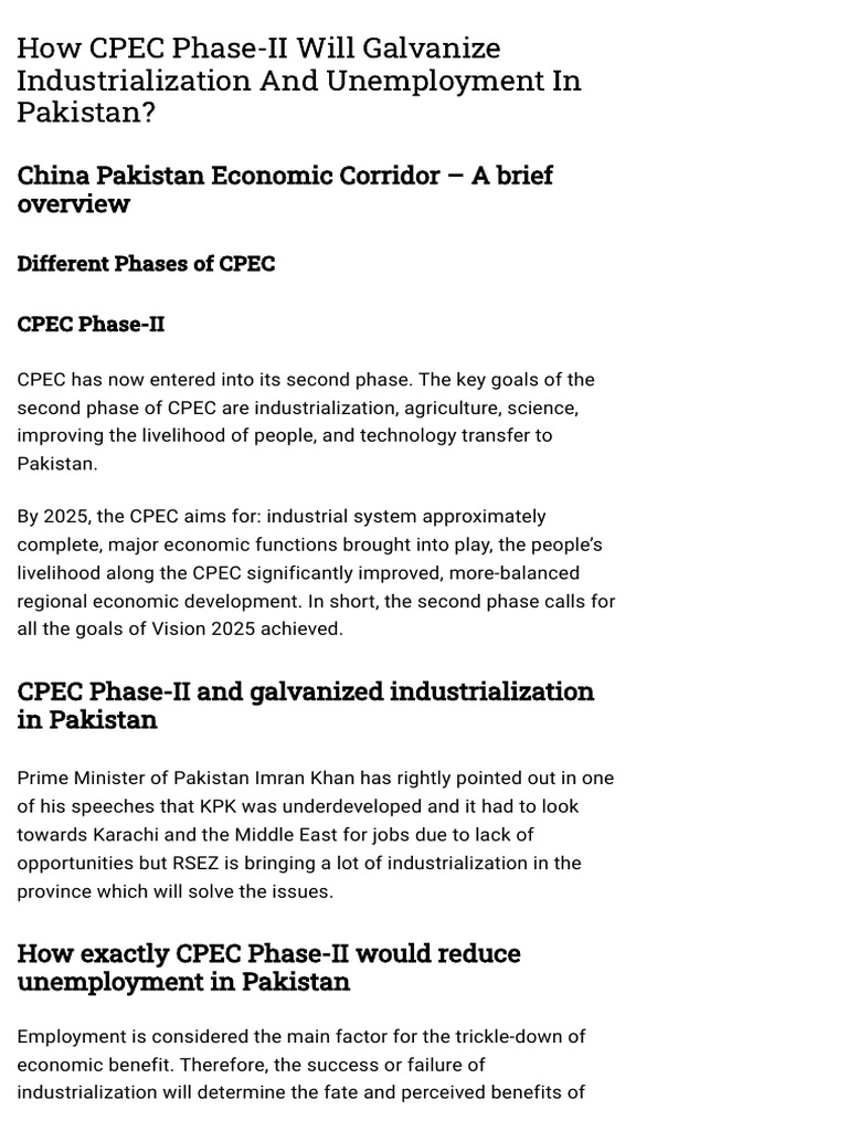 How CPEC Phase-II Will Galvanize Industrialization and Unemploym | PDF