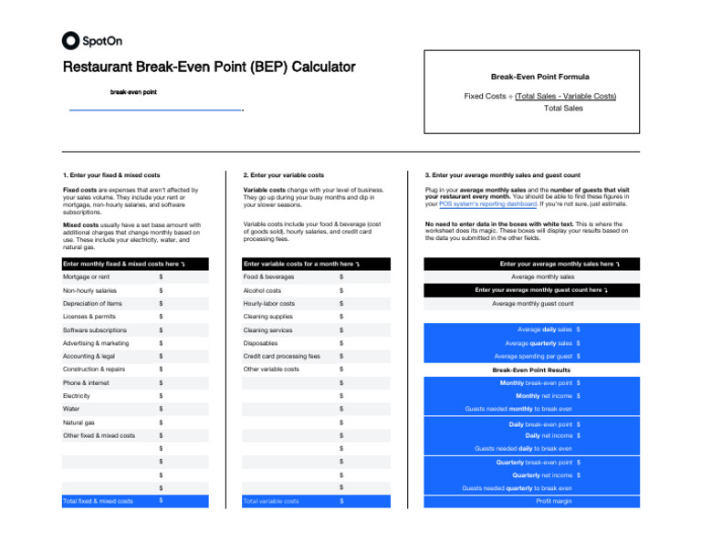 Break Even Point Calculator Pdf