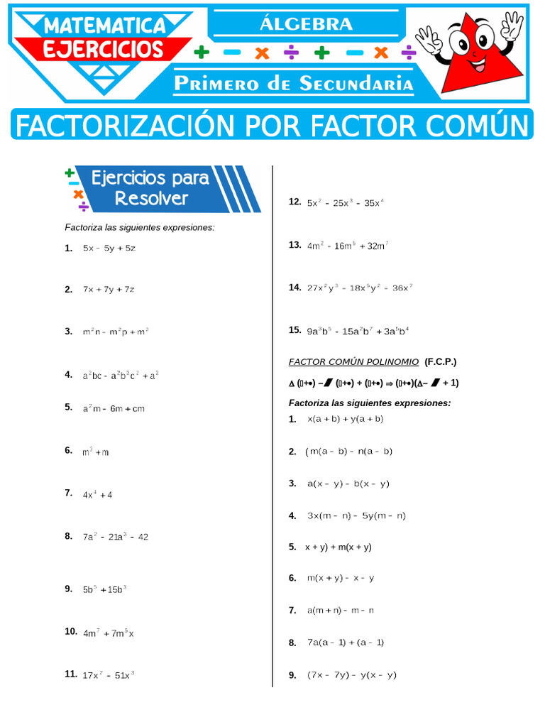 Factorizacion Por Factor Comun para Primer Grado de Secundaria | PDF Factorizacion Por Factor Comun para Primer Grado de Secundaria | PDF