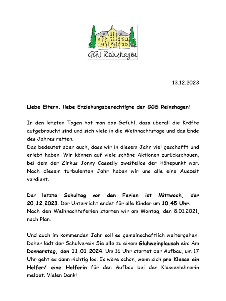 Elternbrief Vor Weihnachten 2023 | PDF