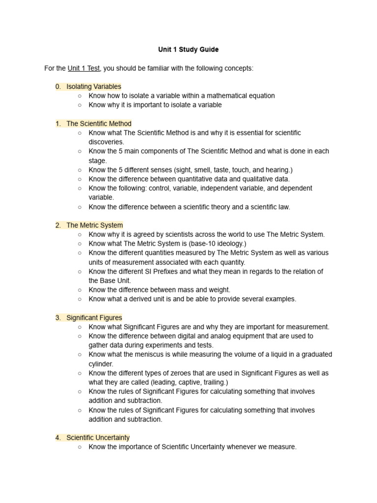 Unit 1 Study Guide - Honors Chem - 24 - 25 | PDF