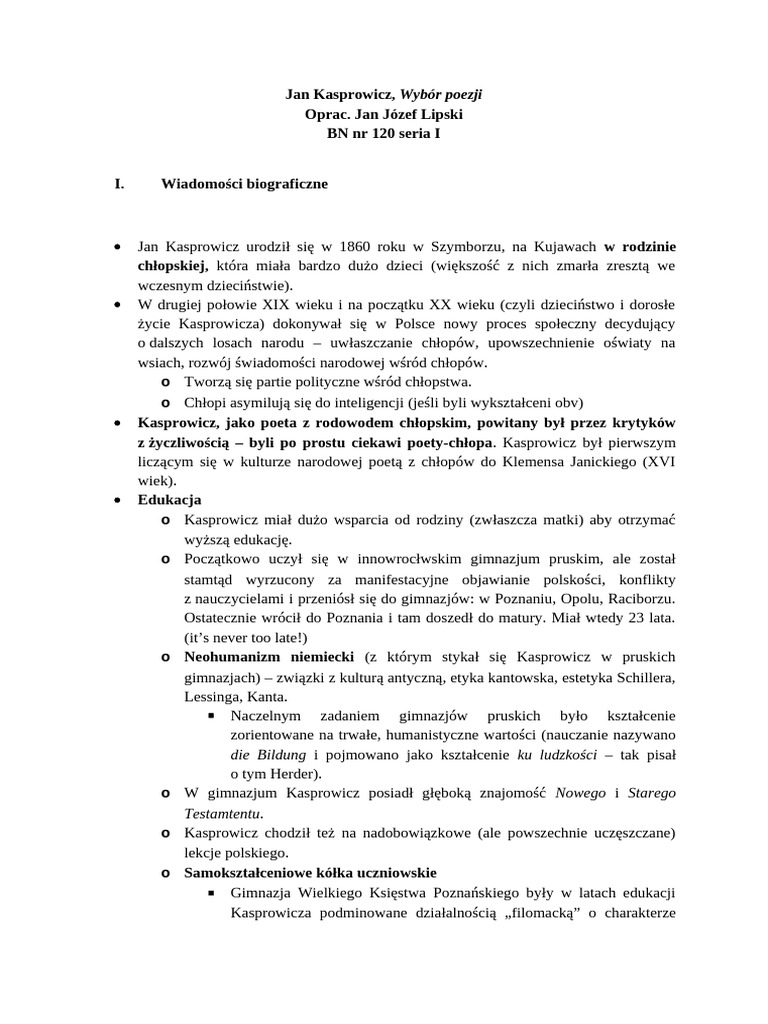 J. Kasprowicz, Wybór Poezji Oprac. Jan Józef Lipski | PDF