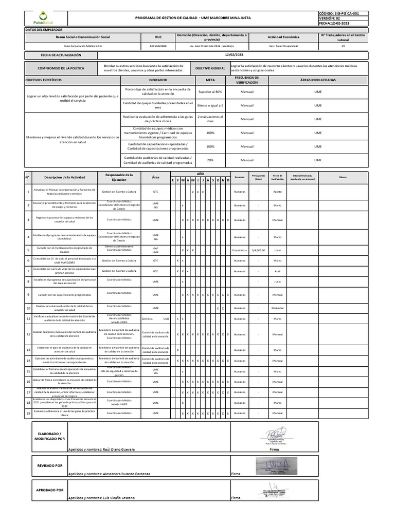 Sig-Pg Ca-001 Programa de Calidad - Ume Marcobre Mina Justa 2023 | PDF