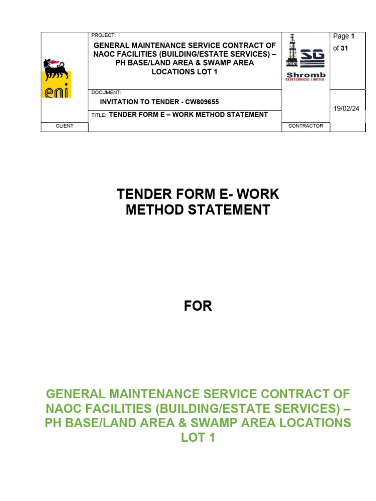 SHROMB TENDER FORM E WORK METHOD STATEMENT AND EXECUTION PLAN ii | PDF