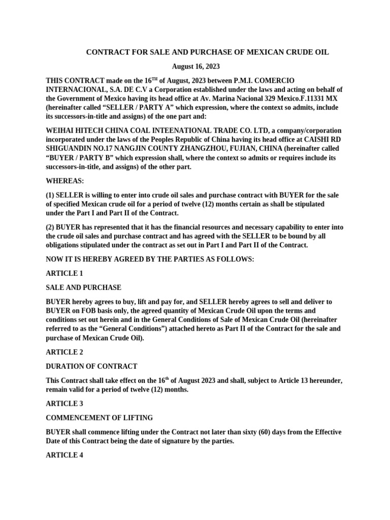 Contract For Sale and Purchase of Mexican Crude Oil | PDF