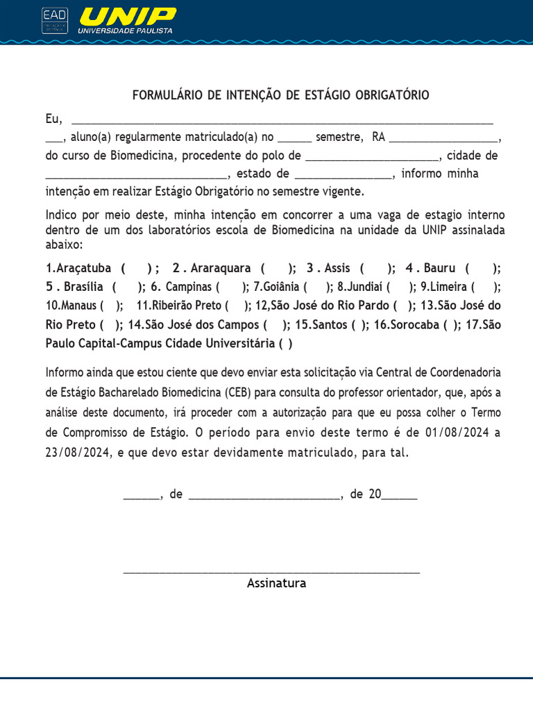 Formulário de Intenção de Estágio Interno Obrigatório-2024.2 | PDF