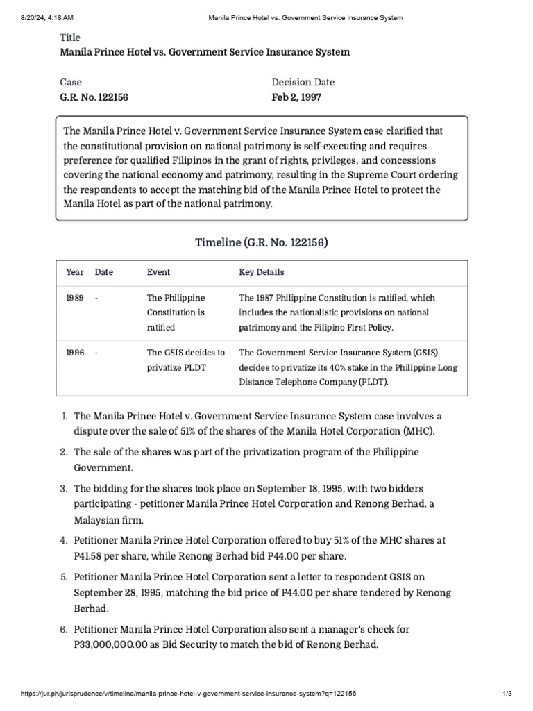 Timeline Manila Prince Hotel vs. Government Service Insurance System | PDF