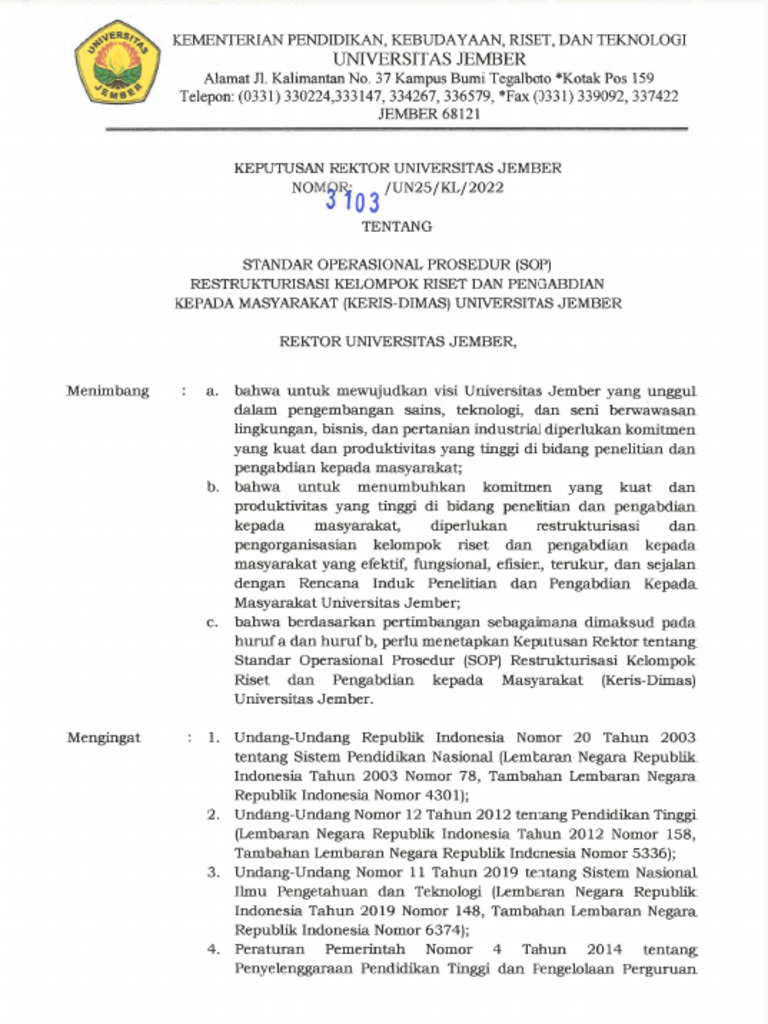 SK REKTOR SOP RESTRUKTURISASI KERIS DIMAS UNEJ Ok | PDF