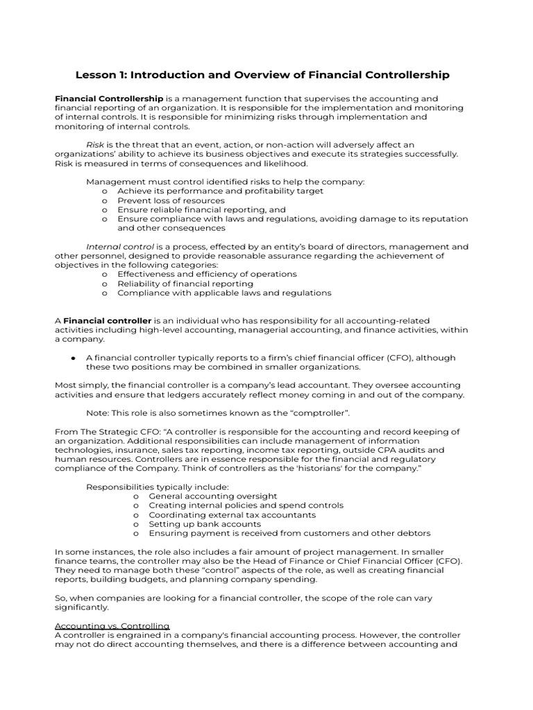 Lesson 1: Introduction and Overview of Financial Controllership | PDF