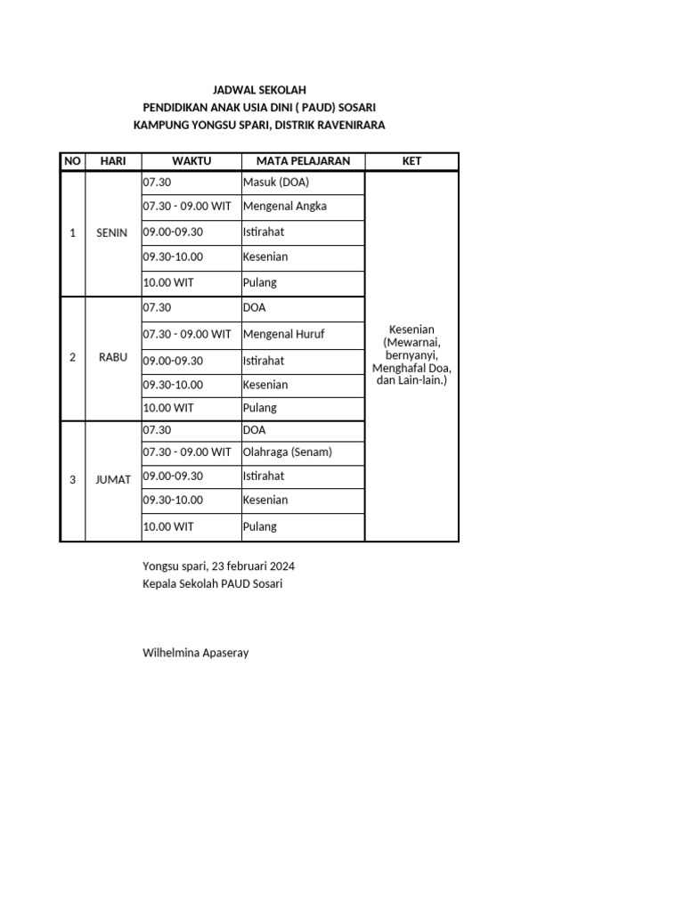 Jadwal Dan Absen Paud Sosari | PDF