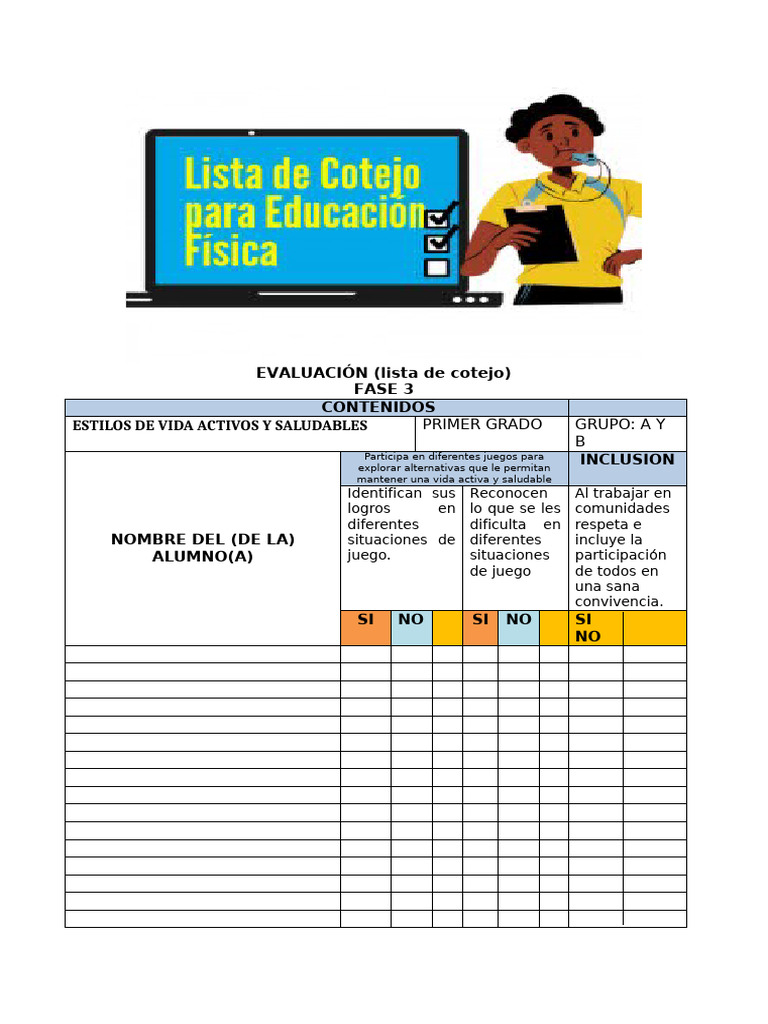 Lista de Cotejo para Evaluar La Educacion Fisica | PDF