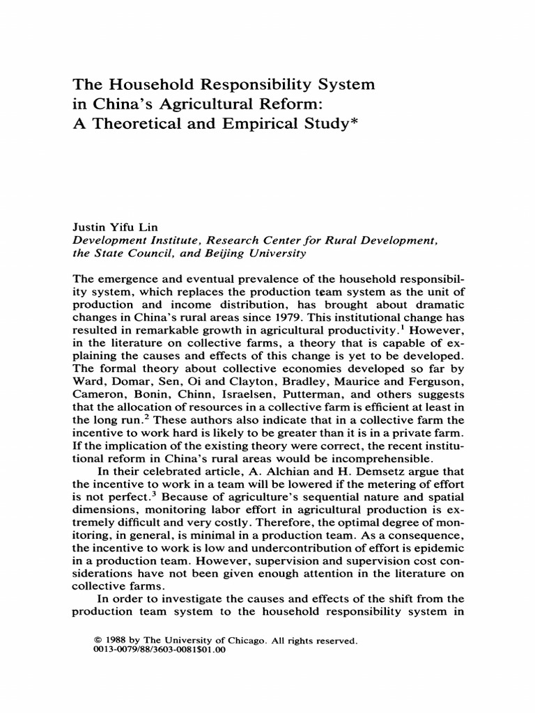 The Household Responsibility System in China's Agricultural Reform: A ...