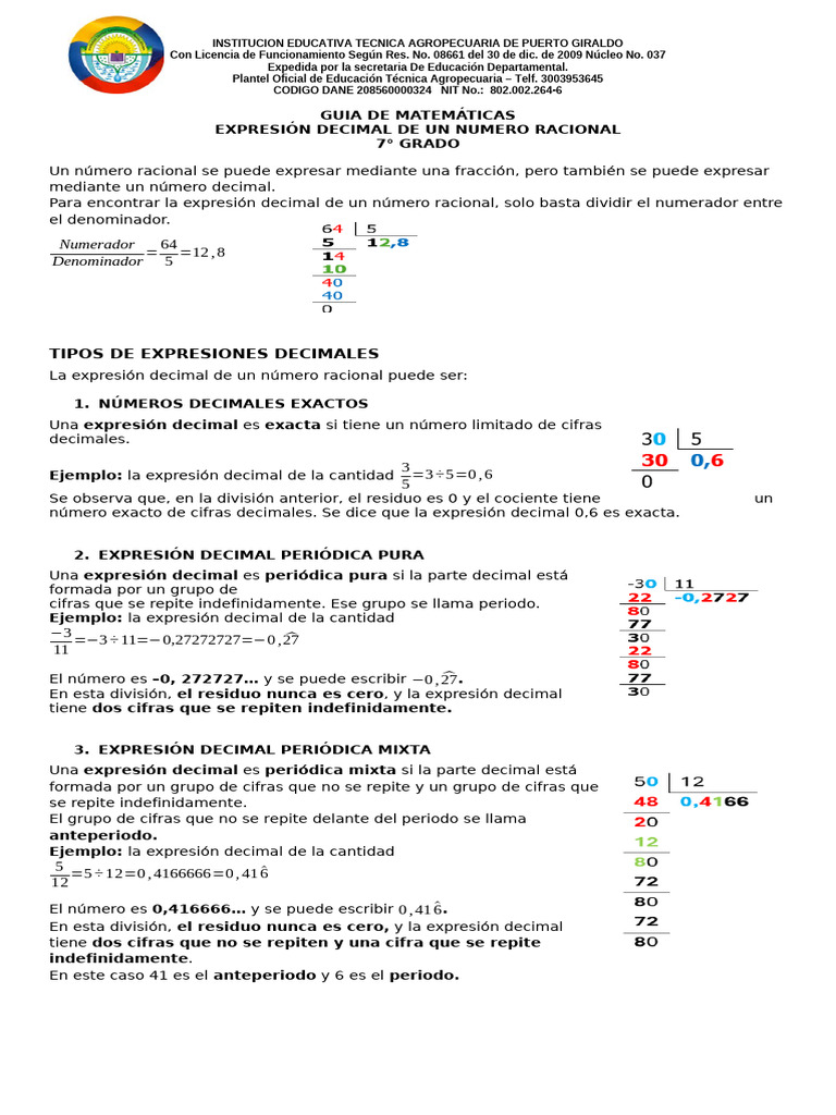 Taller de Matemáticas Septimo Grado - Expresion Decimal de Un Numero ...