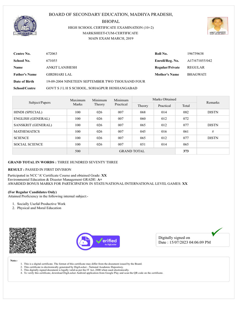 10th Class Marksheet | PDF