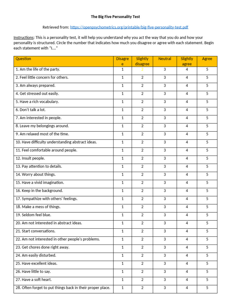The Big Five Personality Test | PDF
