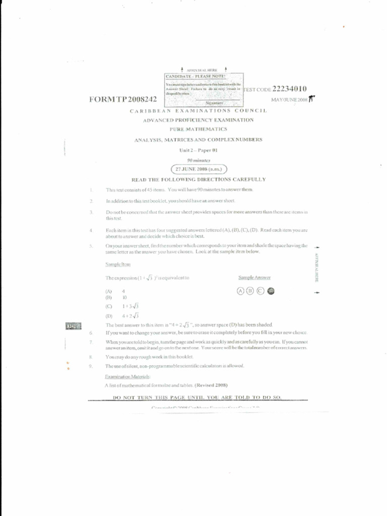 Cape Pure Mathematics U2 P1 May-June 2008 TT With Answers | PDF