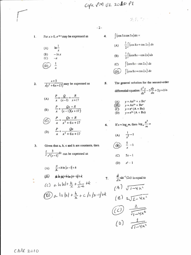 Cape Pure Mathematics U2 P1 May-June 2010 With Answers | PDF