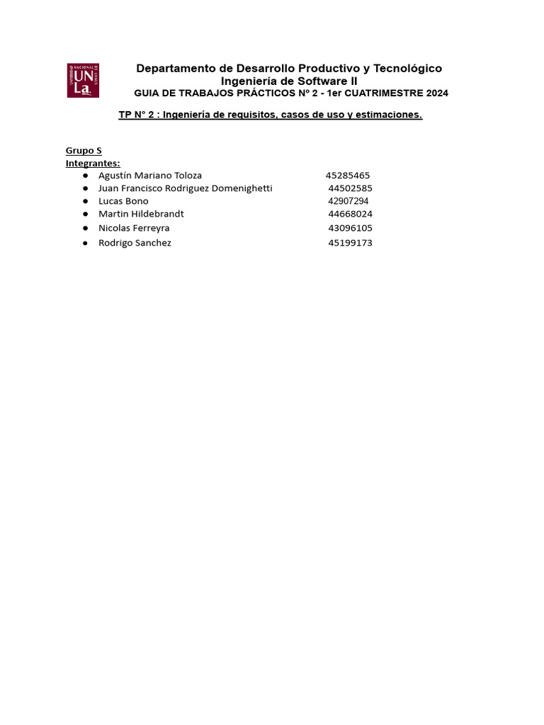 IS2 Grupo S Tp2ingenieria de Software II. TP2 - Grupo S | PDF