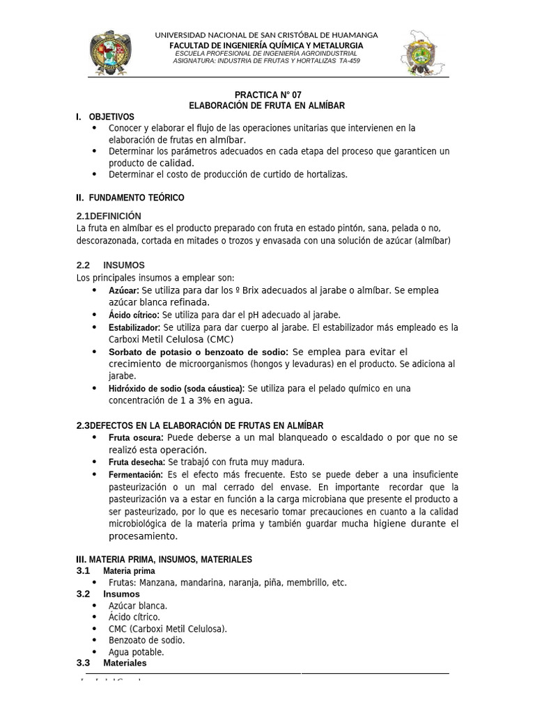 Práctica 7 - Industria de F y H - Fruta en Almíbar | PDF