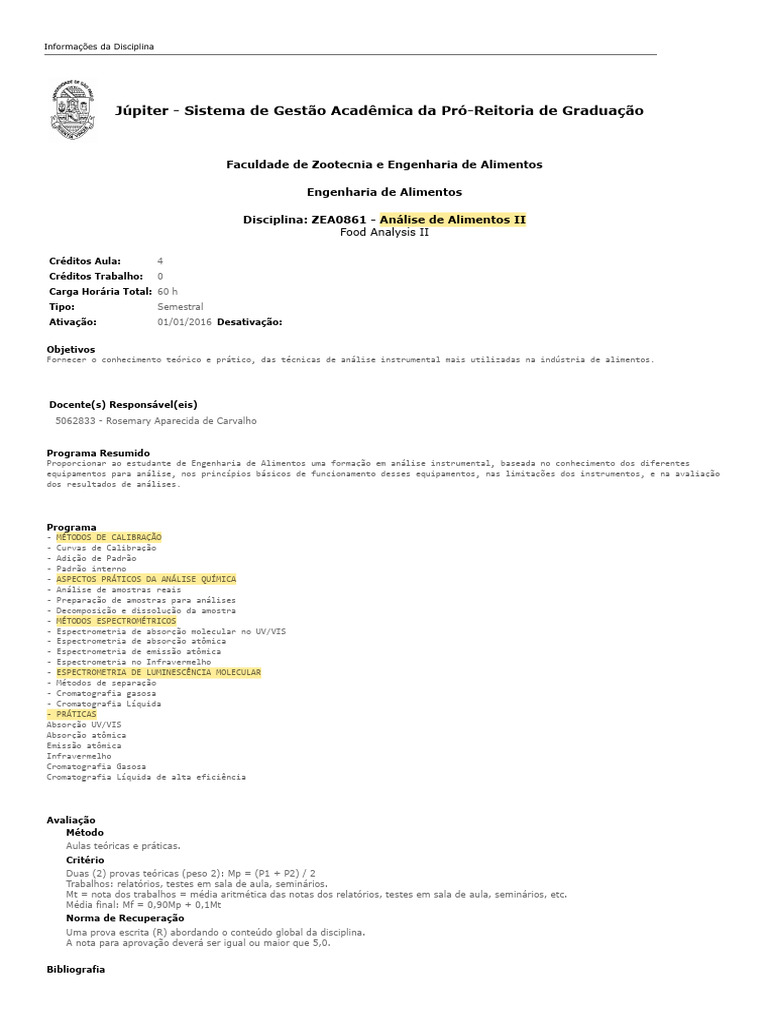 Ementa Eng Alim USP (2022) - Análise Alim II - 8°SEM | PDF