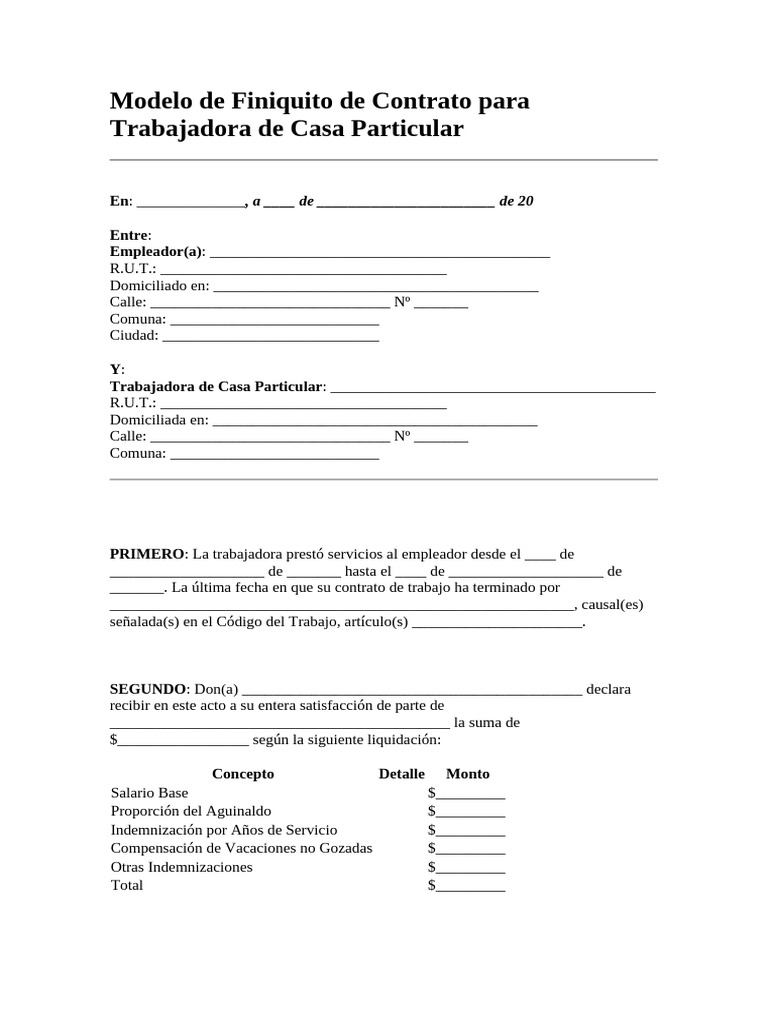 Modelo de Finiquito de Contrato para Trabajadora de Casa Particular | PDF