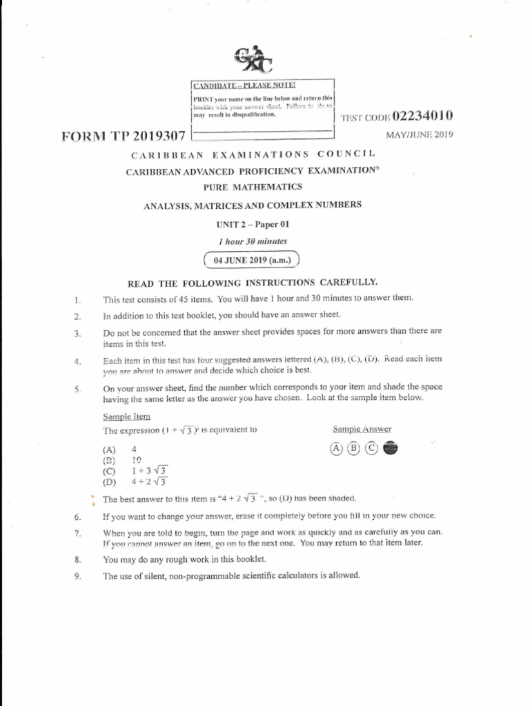 Cape Pure Mathematics U2 P1 May-June 2019 With Answers | PDF