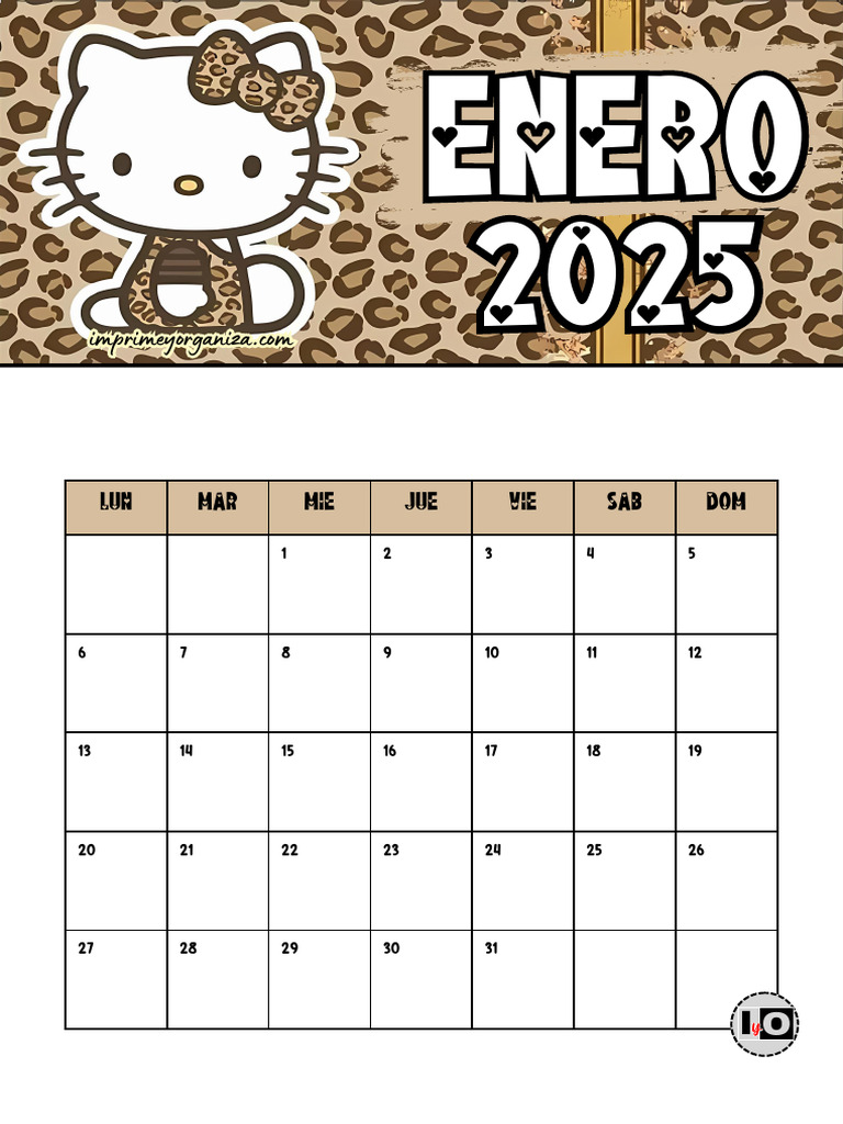Calendario Mensual de 2025 Hello Kitty Animal Print | PDF