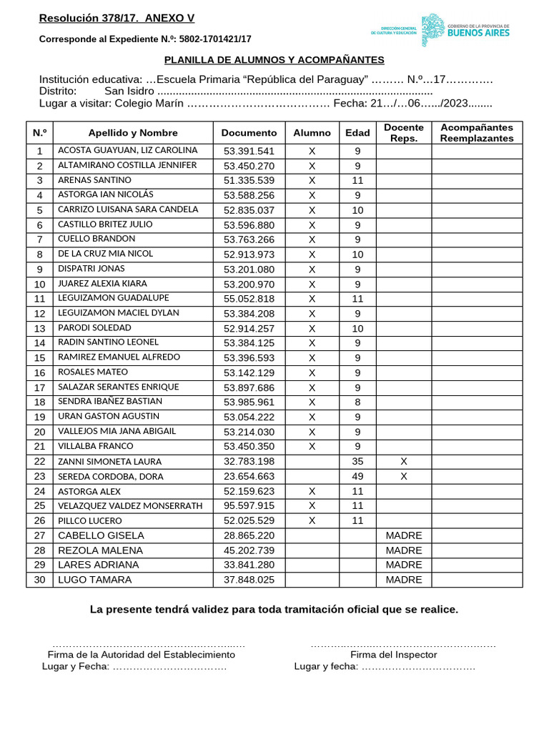 Anexo V. Planilla de Alumnos y Acompañantes | PDF