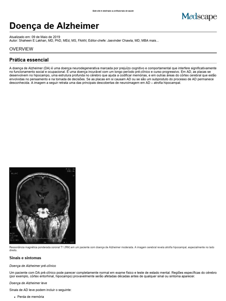 Alzheimer Disease - Practice Essentials, Background, Anatomy | PDF