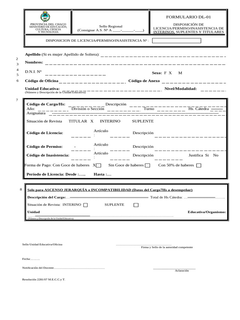 Formulario DL-01 - Modelo | PDF