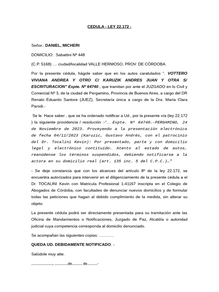 CEDULA LEY 22.172 Actor Micheri Daniel | PDF