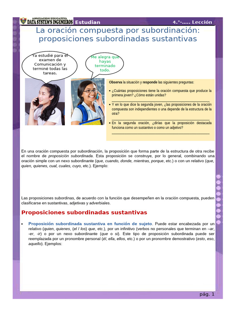4.º - Lección 4 V - Proposición Subordinada Sustantiva | PDF ...