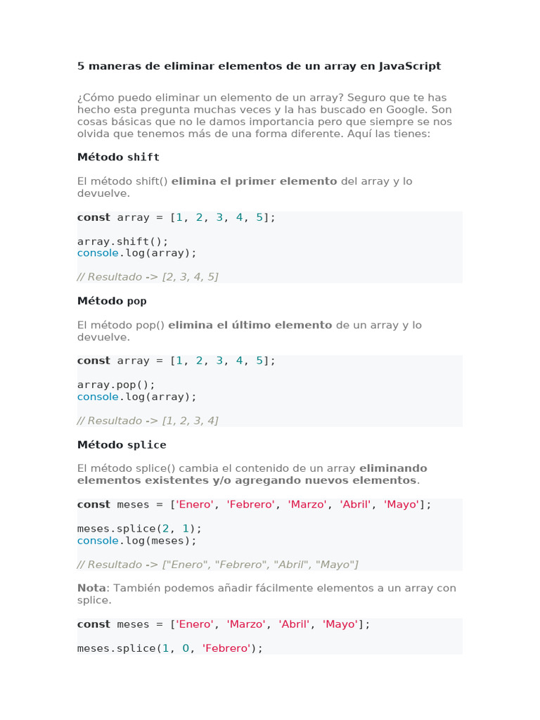 5 Maneras de Eliminar Elementos de Un Array en JavaScript | PDF