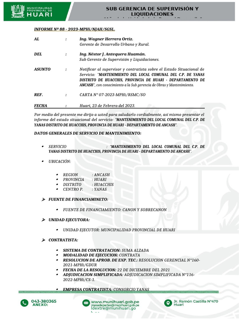 INFORME #88 ESTADO SITUACIONAL DEL LOCAL COMUNAL YANAS (Corregido) | PDF