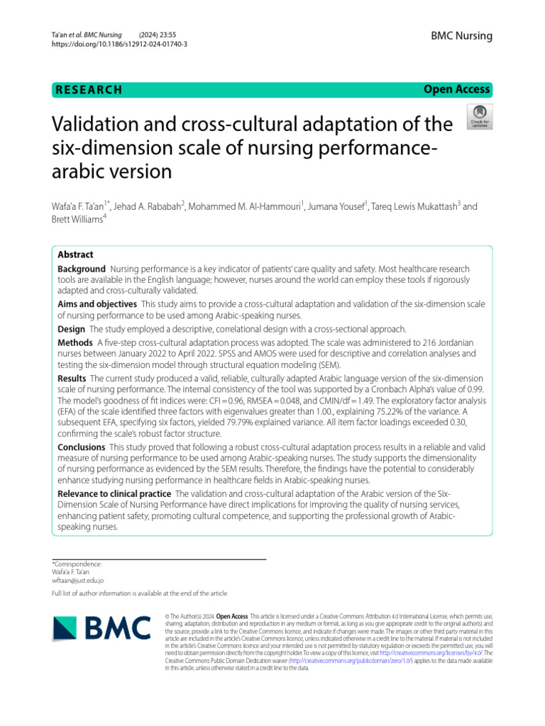 Validation And Crosscultural Adaptation Of The Sixdimension Scale Of Nursing Performance Arabic