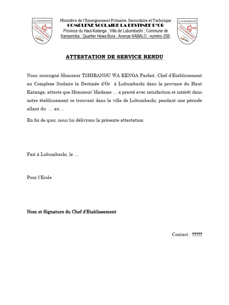 Modèle Attestation de Service Rendu | PDF