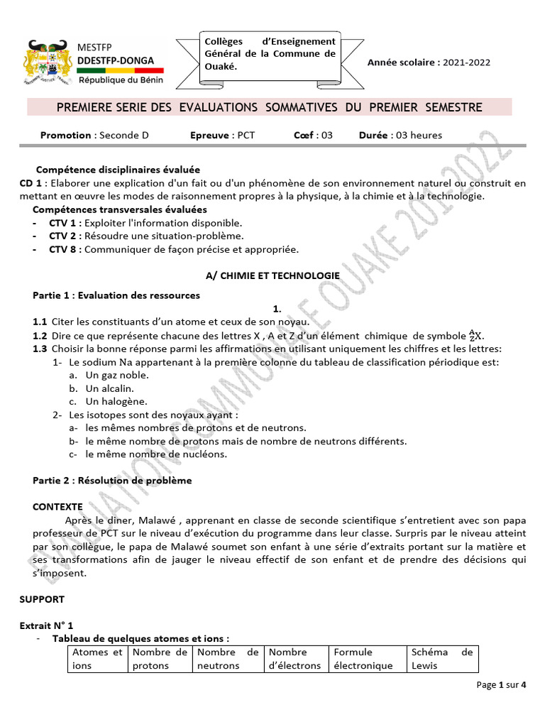 Premiere Serie Des Evaluations Sommatives Du Premier Semestre | PDF ...